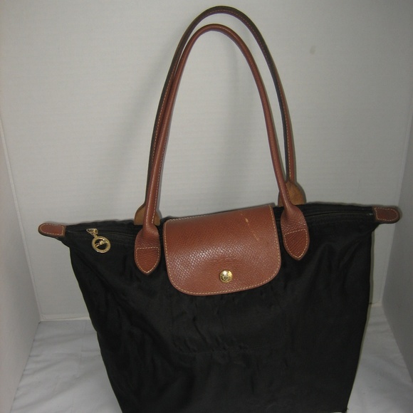 Longchamp | Bags | Longchamp Black Nylon Tan Leather Shoulder Bag ...